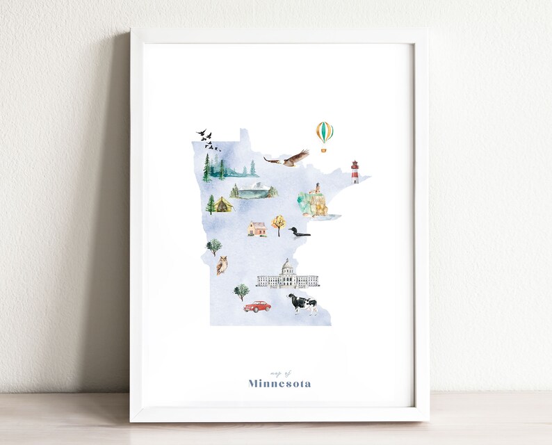 Minnesota Illustrated State Map Wall Art Print Nursery - Etsy