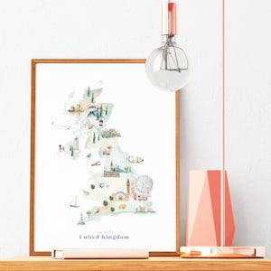 United Kingdom Map Art Print Set: Watercolor Landmark Decor - Etsy