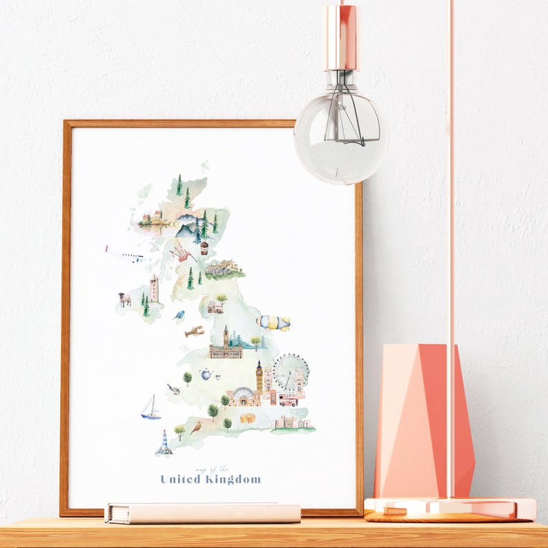 United Kingdom Map & Landmark Art Print Set watercolor | Etsy