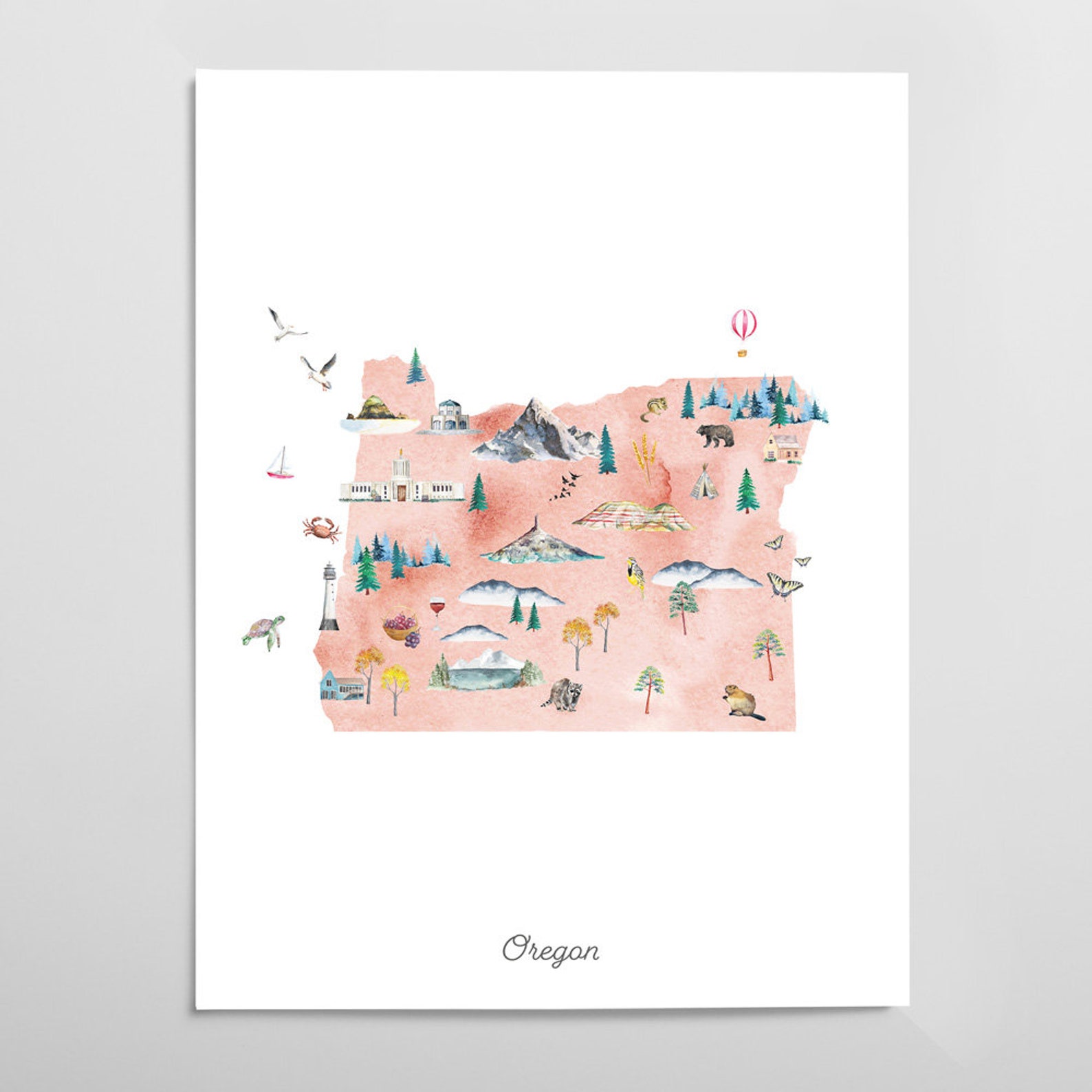 Oregon Illustrated State Map, Wall Art Print, Nursery Decor, Nursery ...