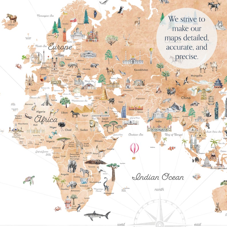Tan Educational World Map World Map Kids Wall Art | Etsy Canada
