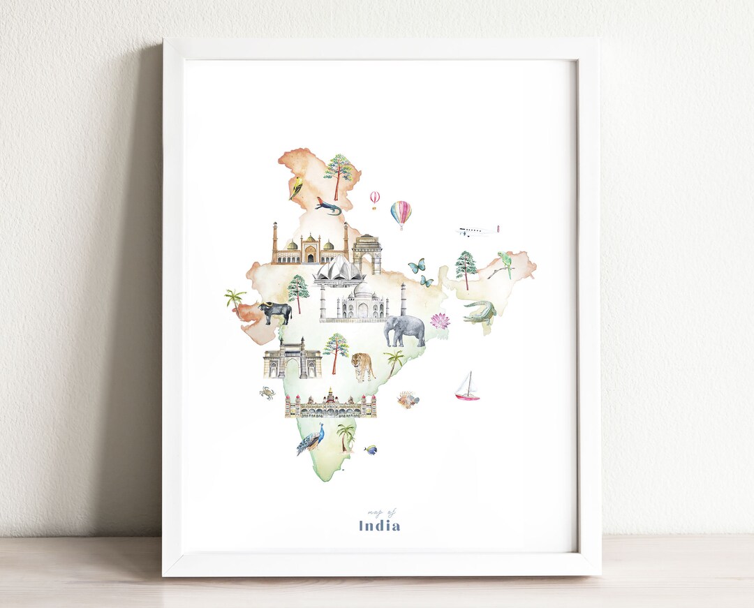 India Map Art Print Illustrated Watercolor Decor Country Map - Etsy