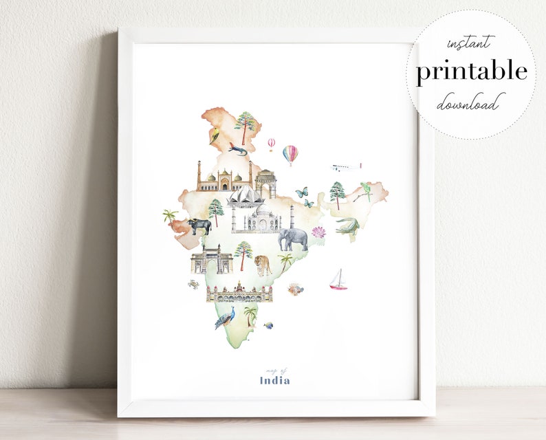 India Illustrated Map Printable Wall Art Print Nursery - Etsy