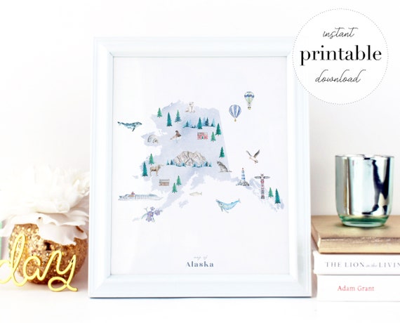 Alaska Printable State Map Illustrated Wall Art Print | Etsy