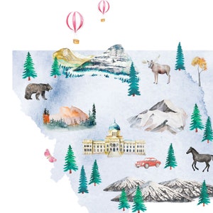 Montana Illustrated State Map, Wall Art Print, Nursery Decor, Nursery ...