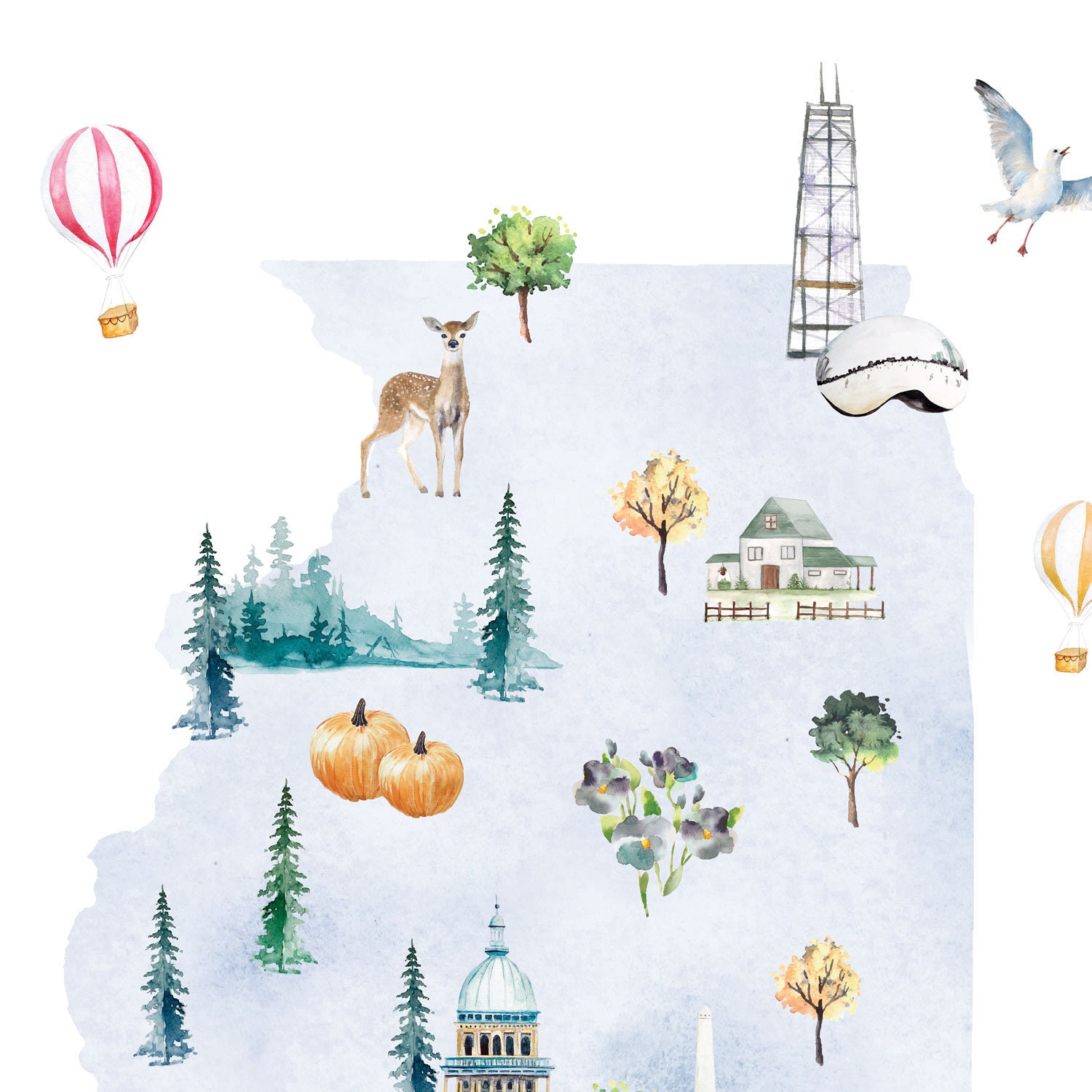 Illinois Printable State Map Illustrated Wall Art Print | Etsy