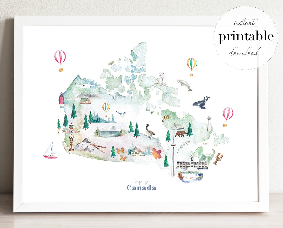 Canada Illustrated Map Printable wall art print nursery | Etsy