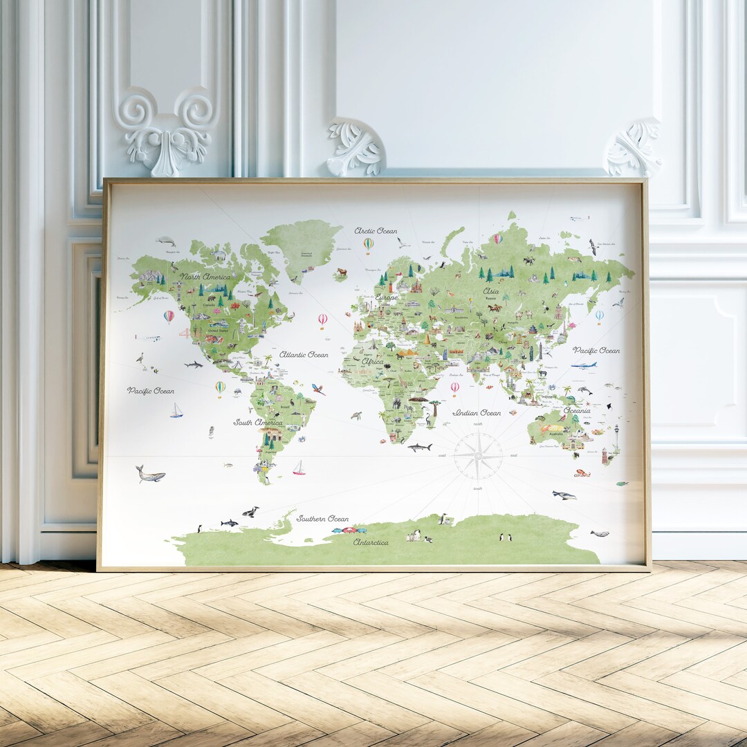 Green Educational World Map Printable | Kids World Map | Nursery World ...