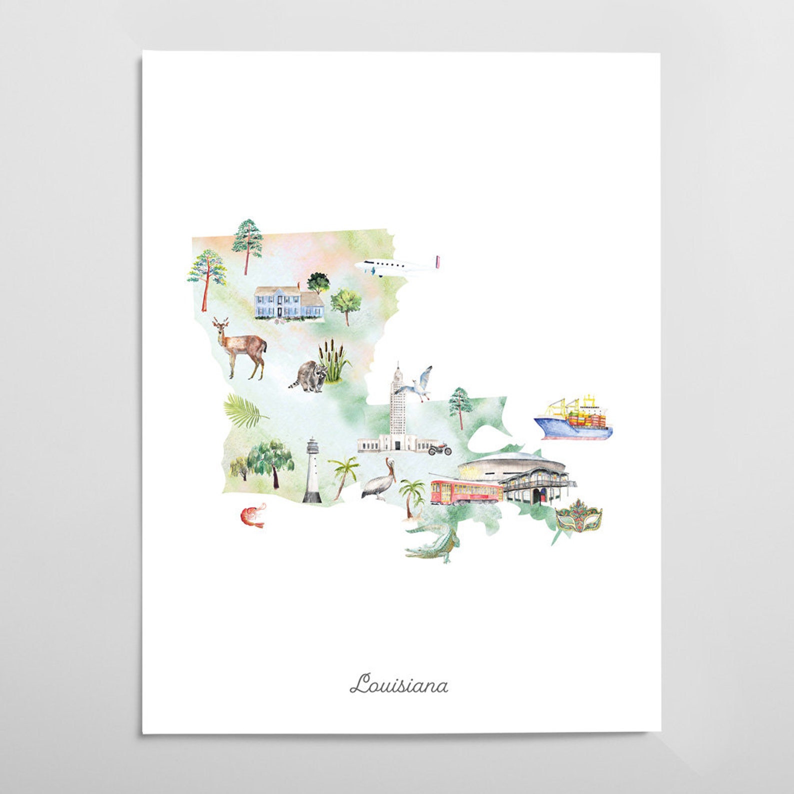 Louisiana Illustrated State Map, New Orleans, Wall Art Print, Nursery ...