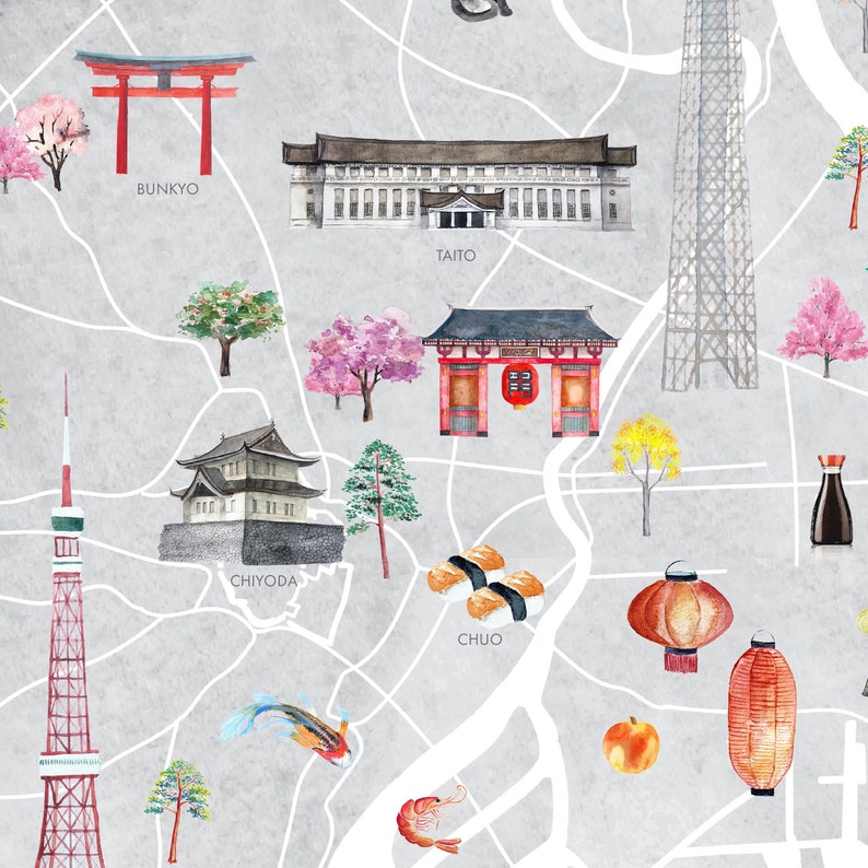 Tokyo Map & Landmarks Art Print Set Travel Decor Art Print - Etsy