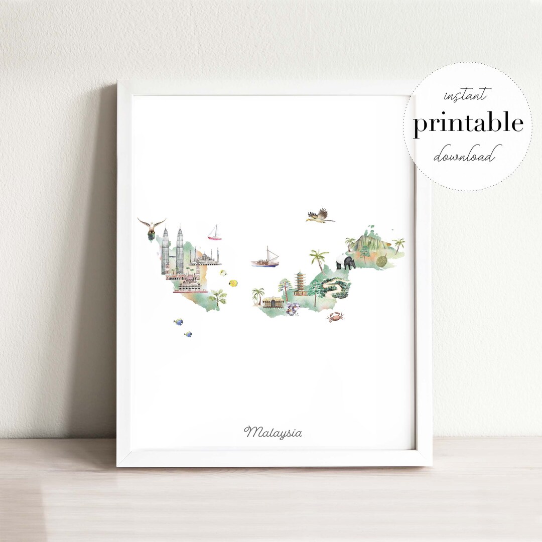 Malaysia Illustrated Map Printable, Wall Art Print, Nursery Decor ...