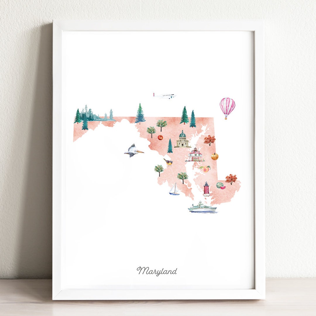 Maryland Illustrated State Map, Wall Art Print, Nursery Decor, Nursery ...
