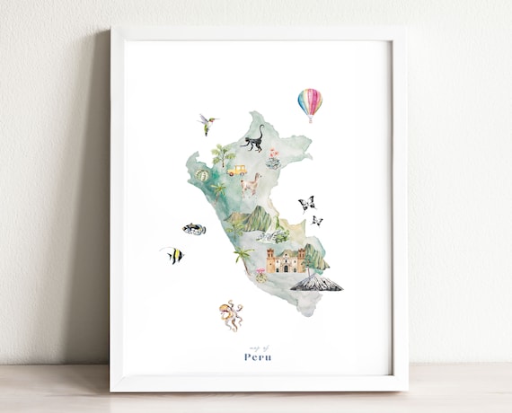 Peru Map Art Print Illustrated watercolor nursery decor | Etsy