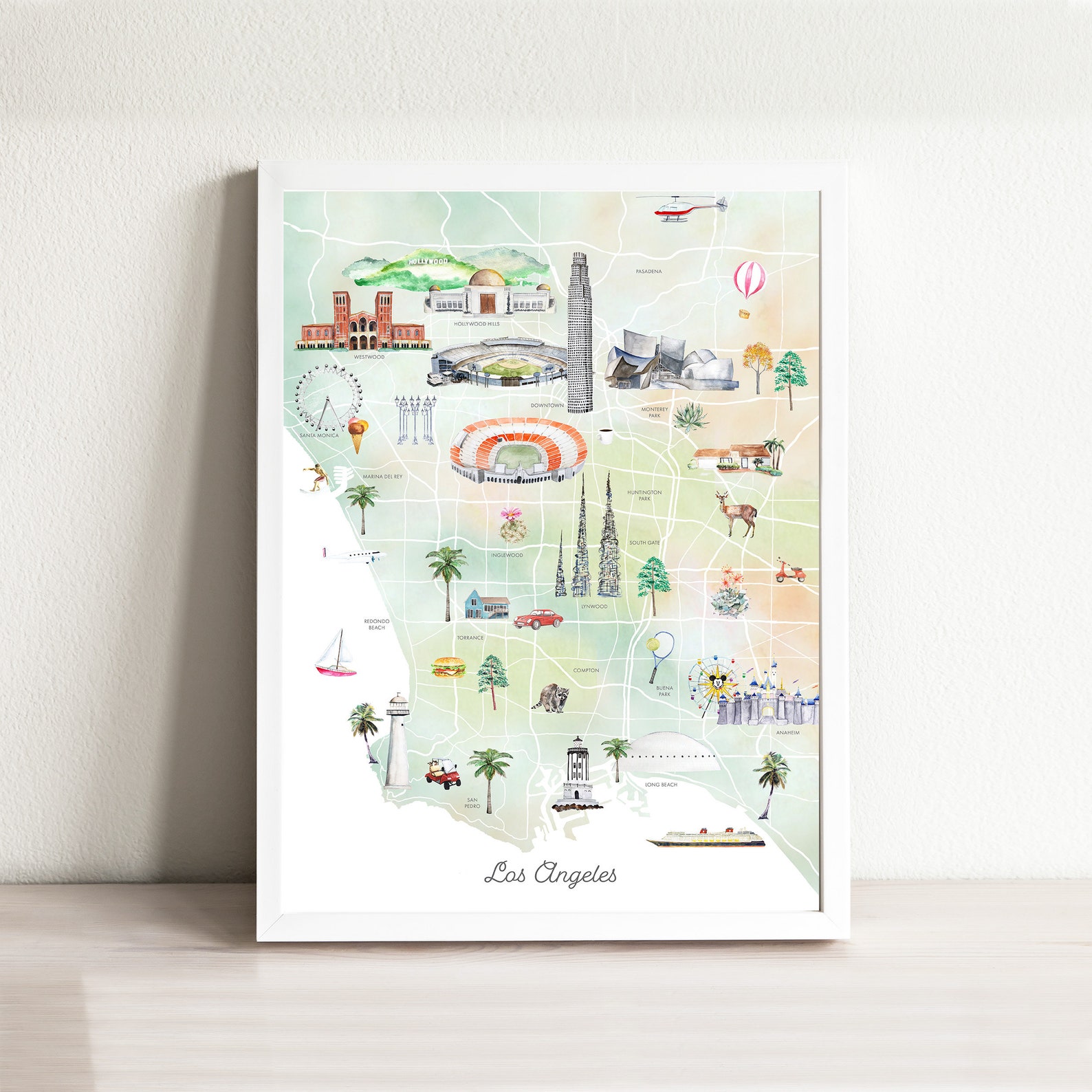 Los Angeles Map Art Print Watercolor City Map Travel - Etsy