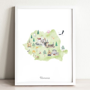 Romania Illustrated Map Art Print Watercolor Nursery Decor - Etsy