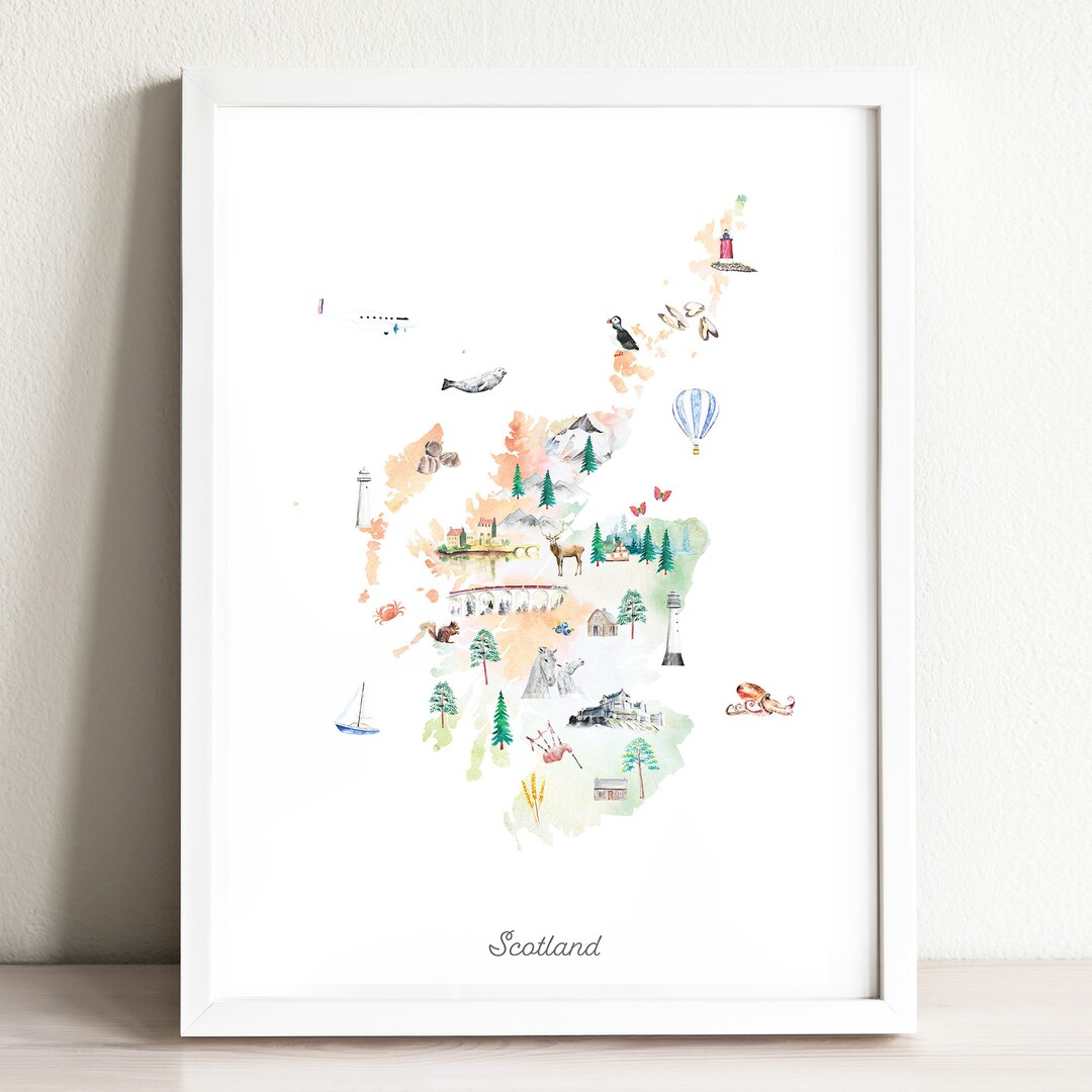 Scotland Illustrated Map Art Print Scotland Travel Decor Print Nursery ...
