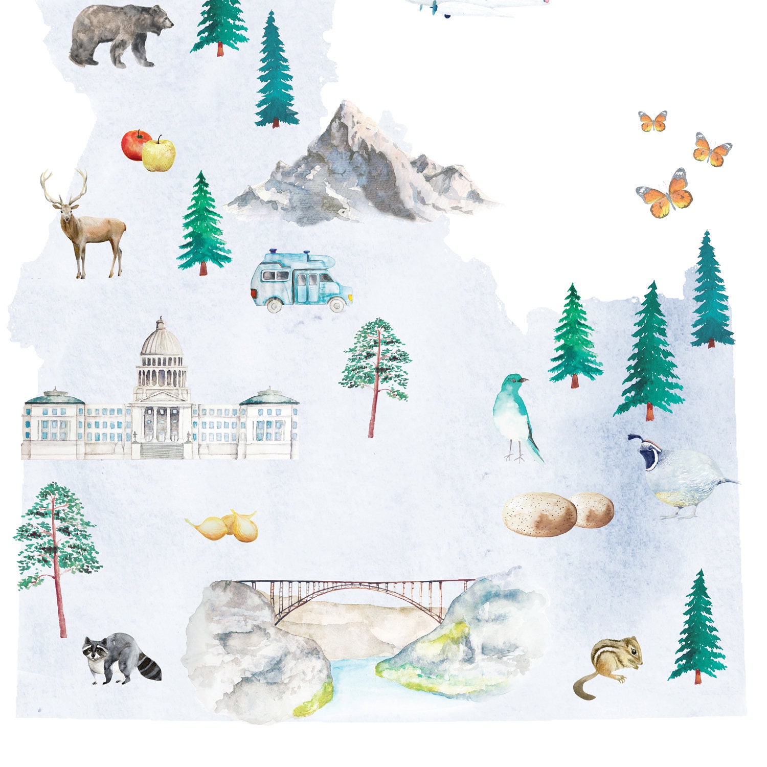 Idaho Printable State Map illustrated wall art print nursery | Etsy