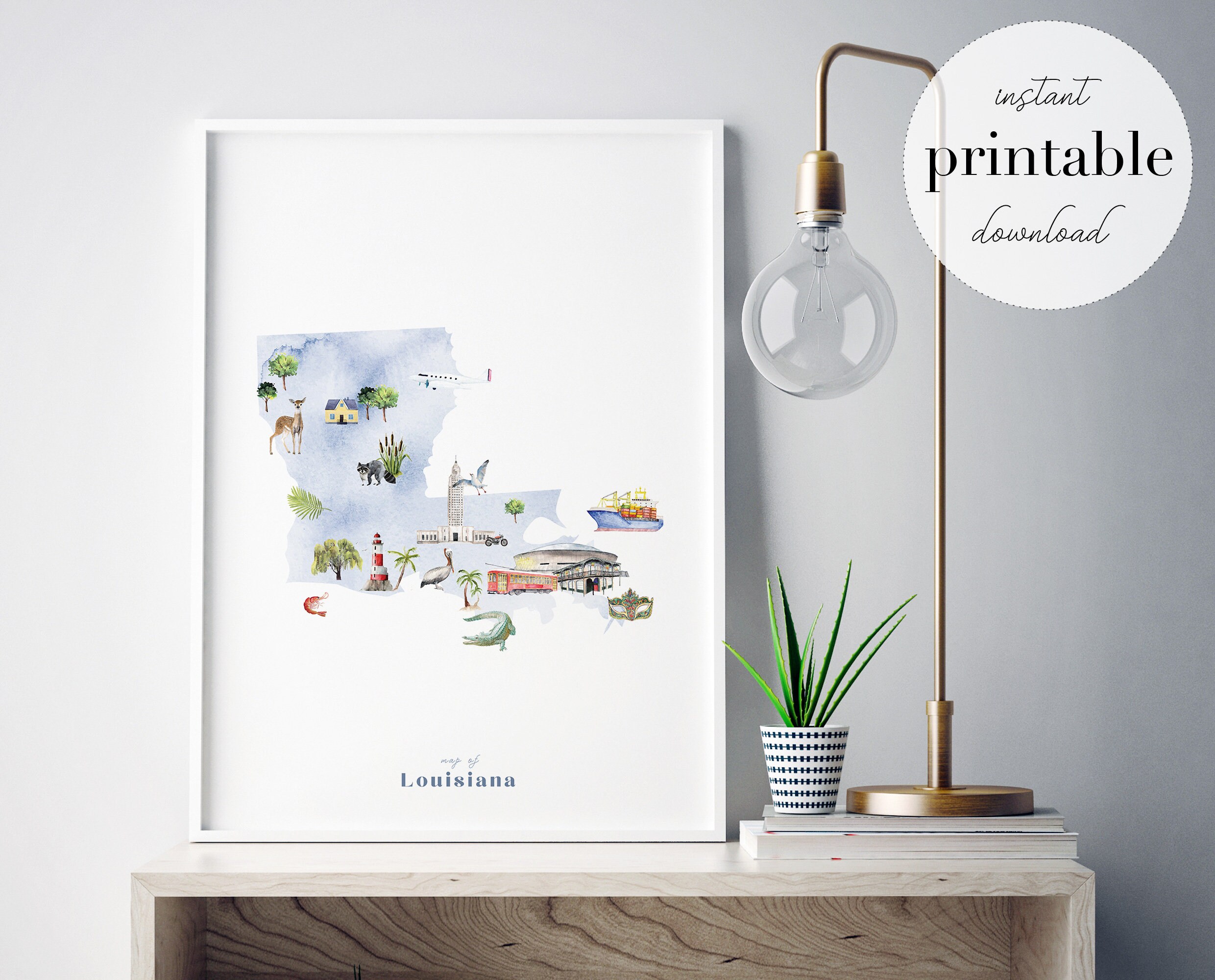 Louisiana Printable State Map Illustrated Wall Art Print | Etsy