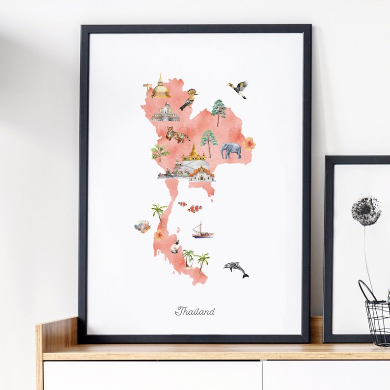 Thailand Map Art Print: Watercolor Illustration, Travel Home Decor - Etsy