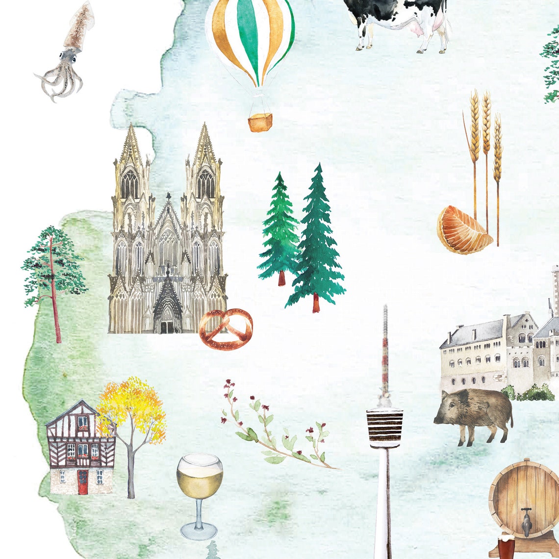 Germany Map Art Print Illustrated Watercolor Nursery Decor - Etsy