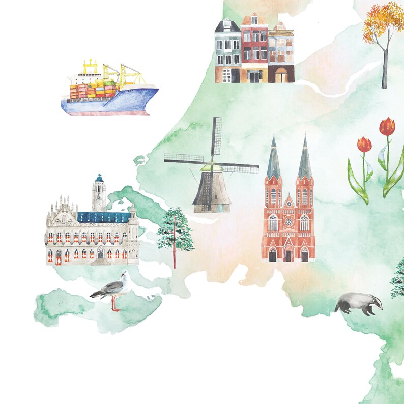 Netherlands Illustrated Map Printable Wall Art Print Nursery | Etsy