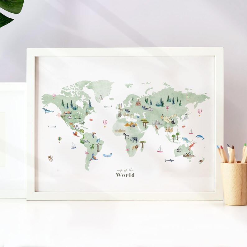 Illustrated World Map Printable Wall Art Print Nursery | Etsy