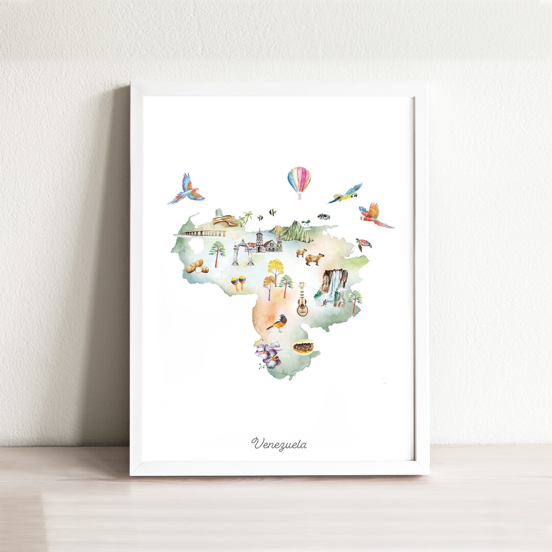 Venezuela Illustrated Map Art Print, Watercolor Nursery Decor, Country ...