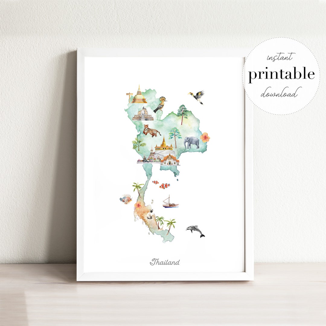 Thailand Map Art Print: Watercolor Landmarks & Animals (digital ...