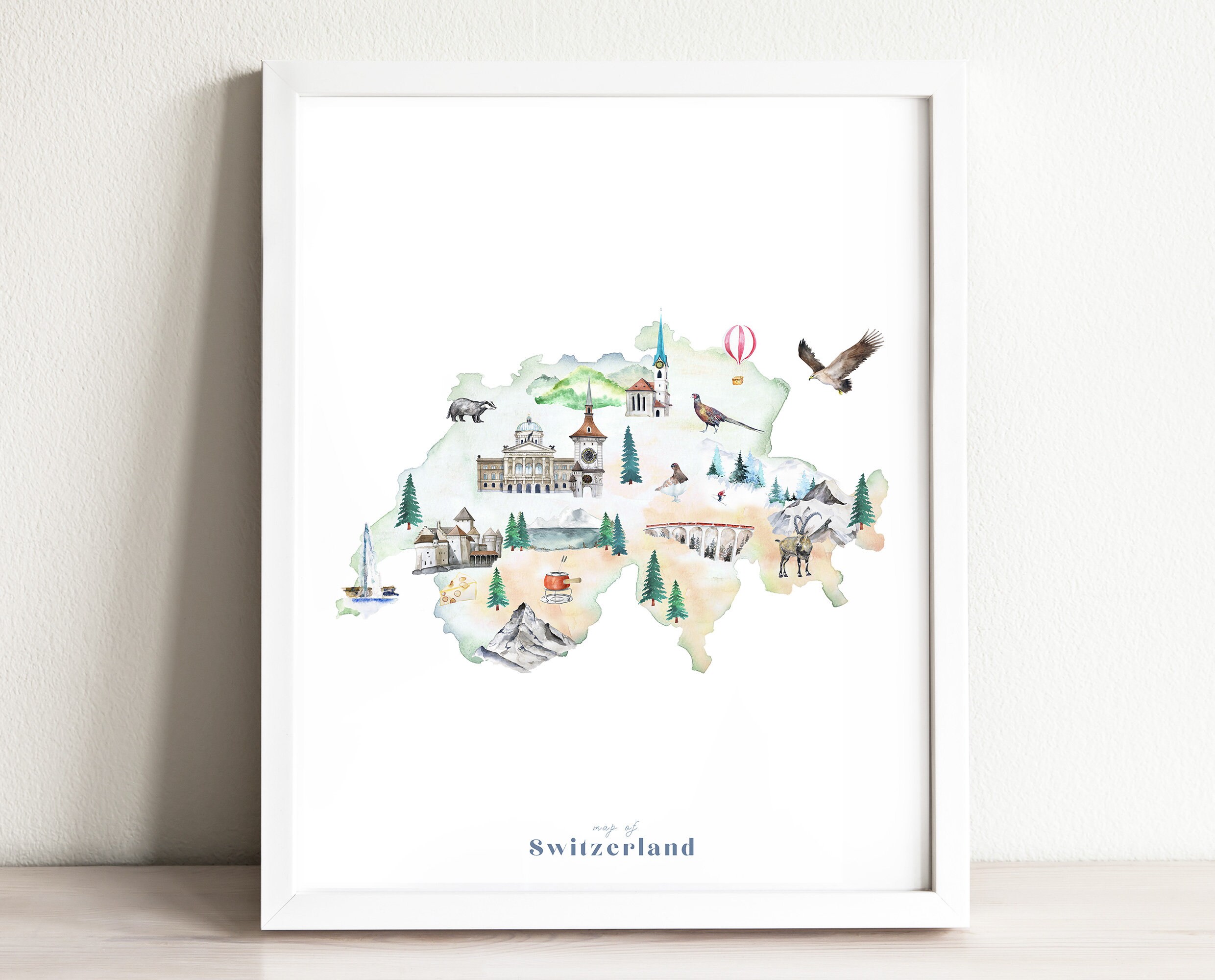 Switzerland Illustrated Map Art Print Swiss Travel Decor | Etsy