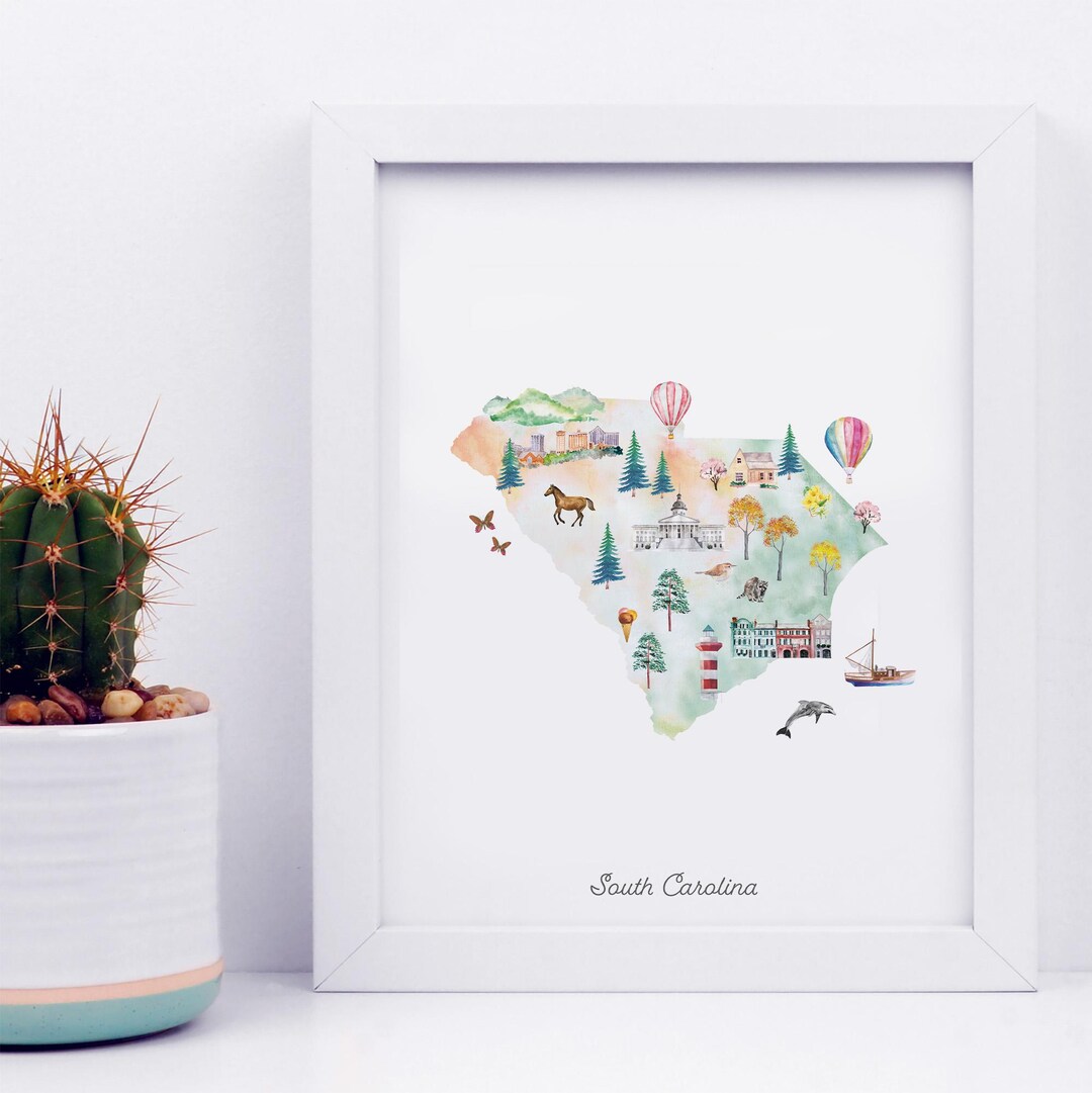 South Carolina Illustrated State Map, Art Print, Nursery Decor, Nursery ...