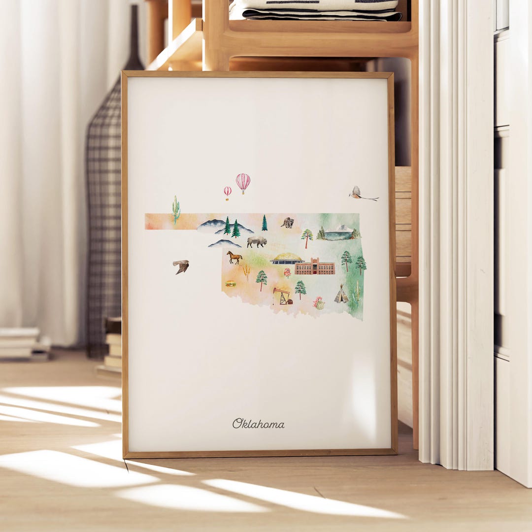 Oklahoma Illustrated State Map, Wall Art Print, Nursery Decor, Nursery ...