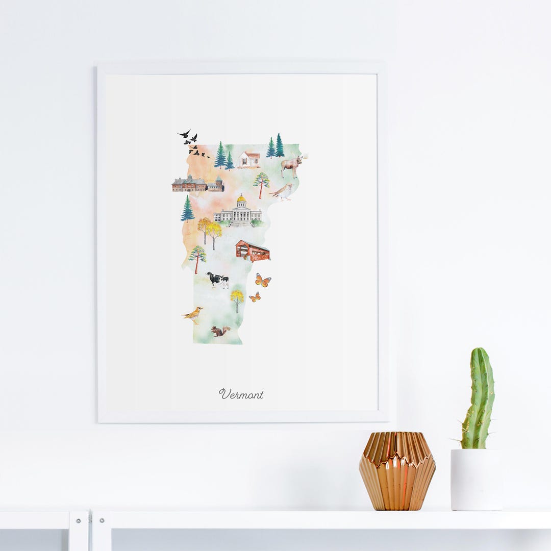 Vermont Illustrated Watercolor State Map Art Print | Map Poster, Travel ...