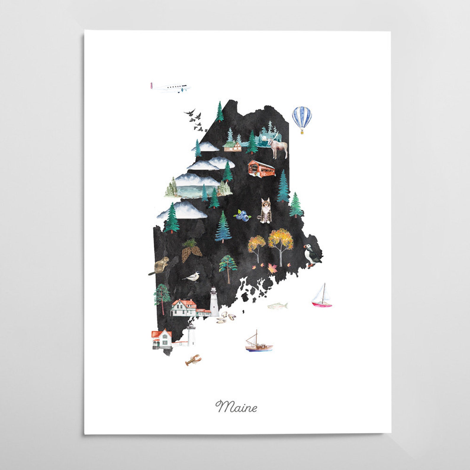 Maine Illustrated State Map, Wall Art Print, Nursery Decor, Nursery ...