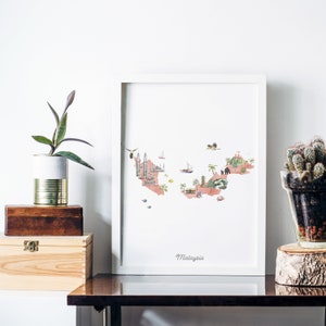 Malaysia Map Art Print Illustrated, Home Decor, Travel Poster, Nursery ...