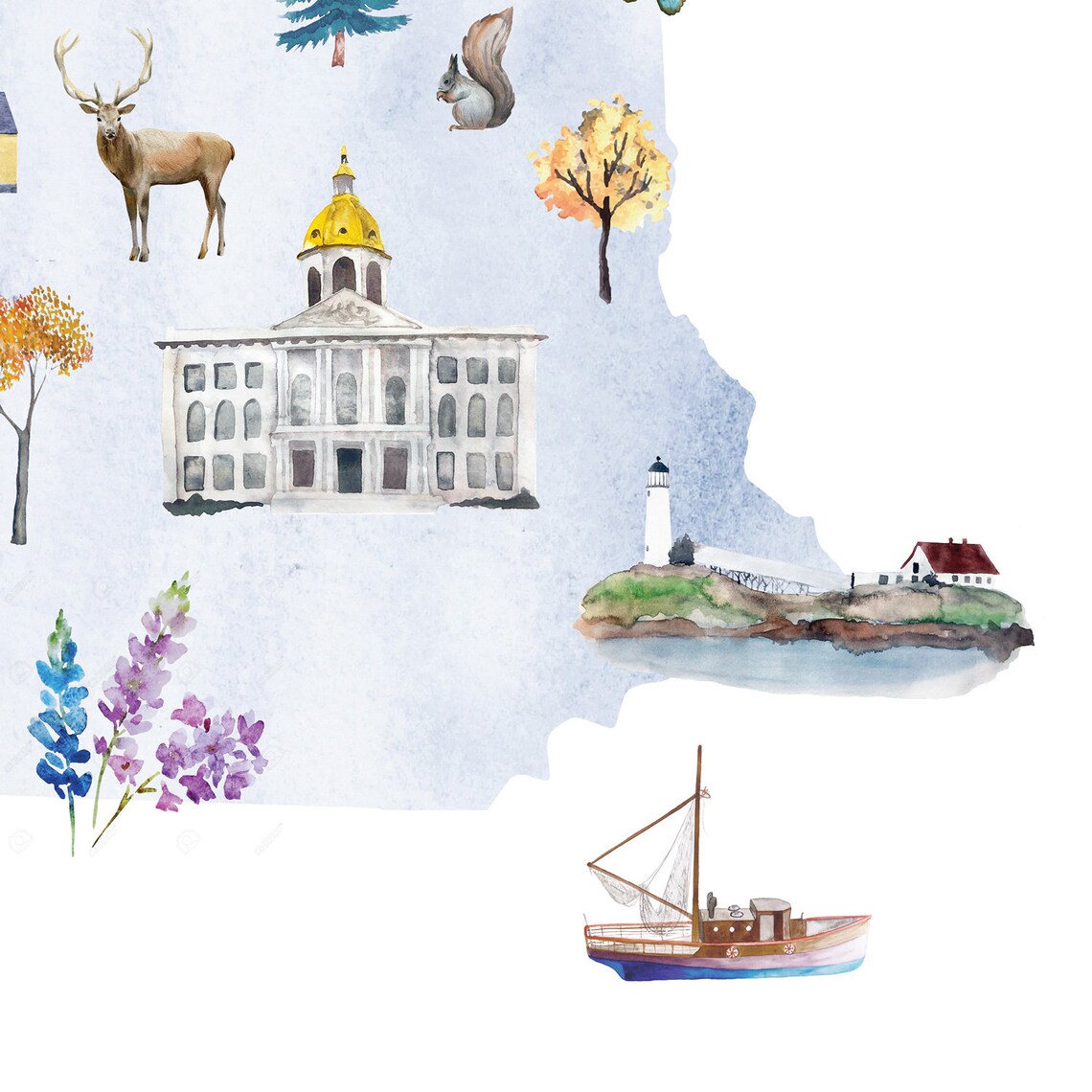 New Hampshire Illustrated State Map Wall Art Print Nursery - Etsy