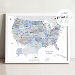Educational United States Map Printable Cool Tones USA Map Kids Room ...