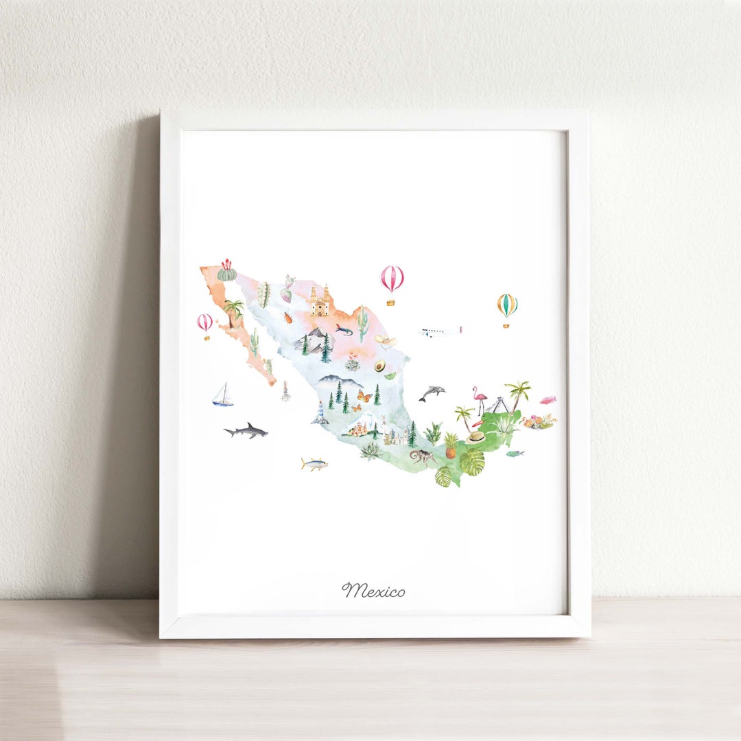 Mexico Map Art Print: Watercolor Nursery Decor, Travel Poster - Etsy