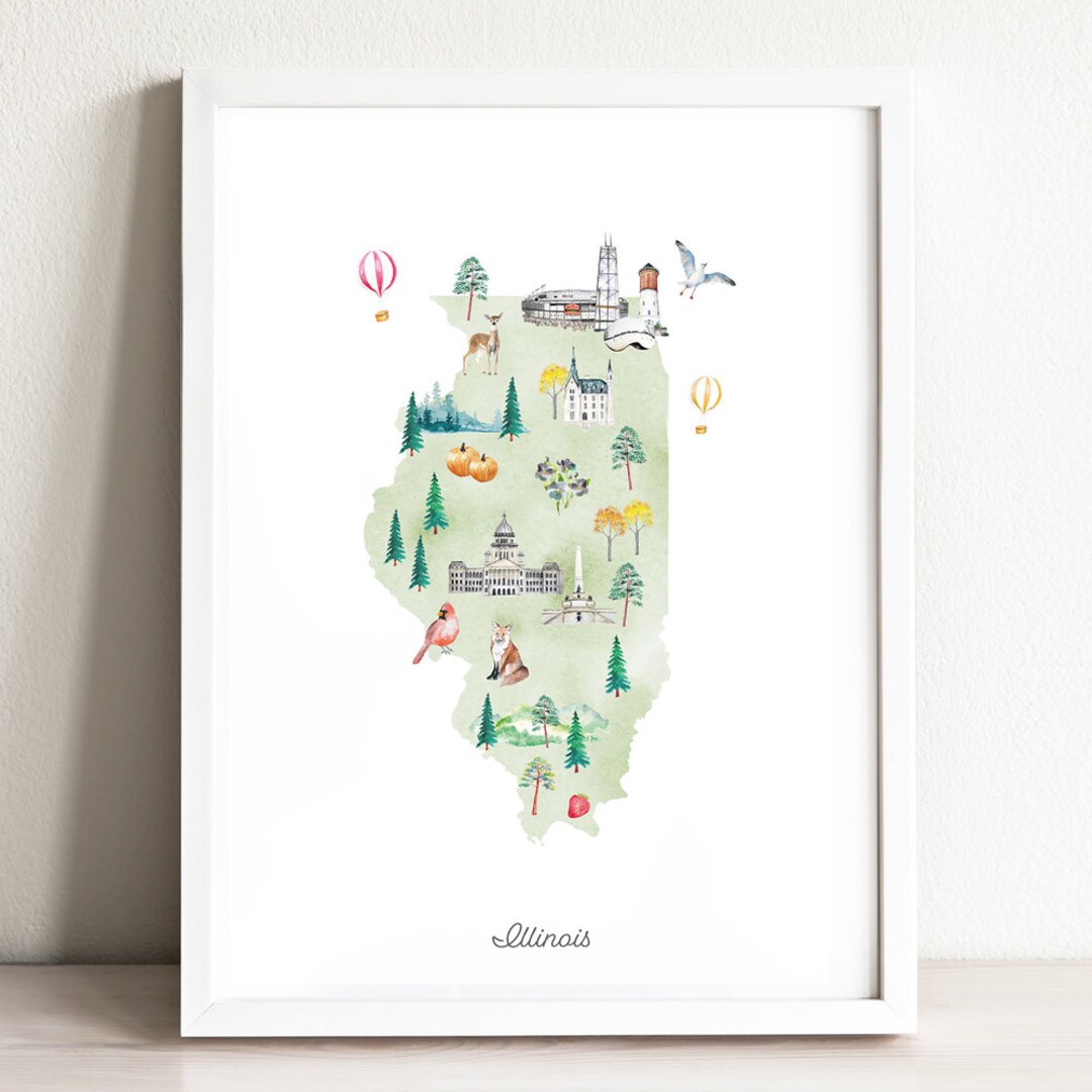 Illinois Illustrated State Map, Wall Art Print, Nursery Decor, Nursery ...