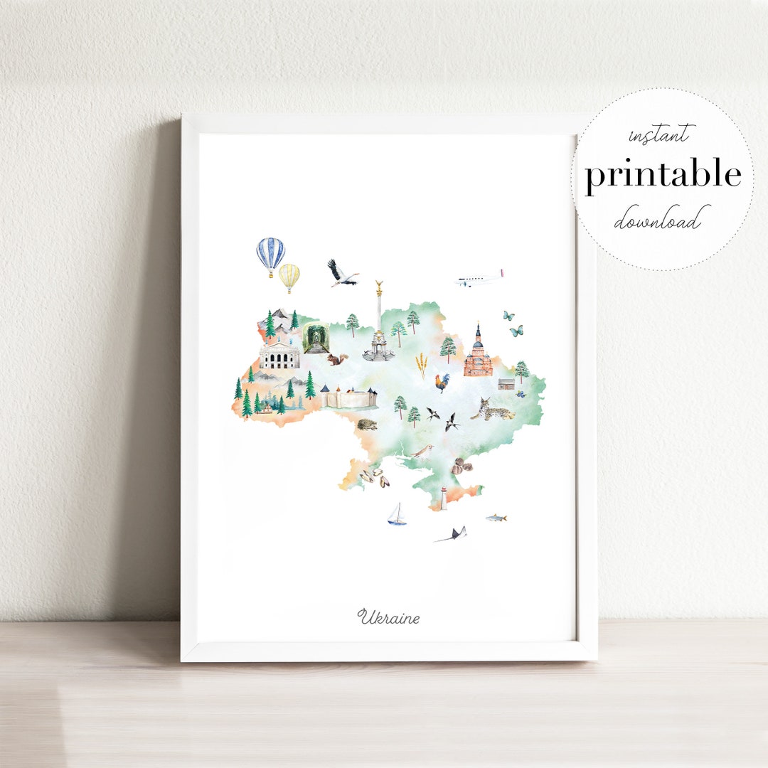 Ukraine Map Illustrated Printable | Home Decor Travel Poster | Nursery ...