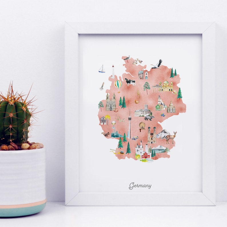 Germany Map Art Print: Watercolor Illustrated Country Map - Etsy