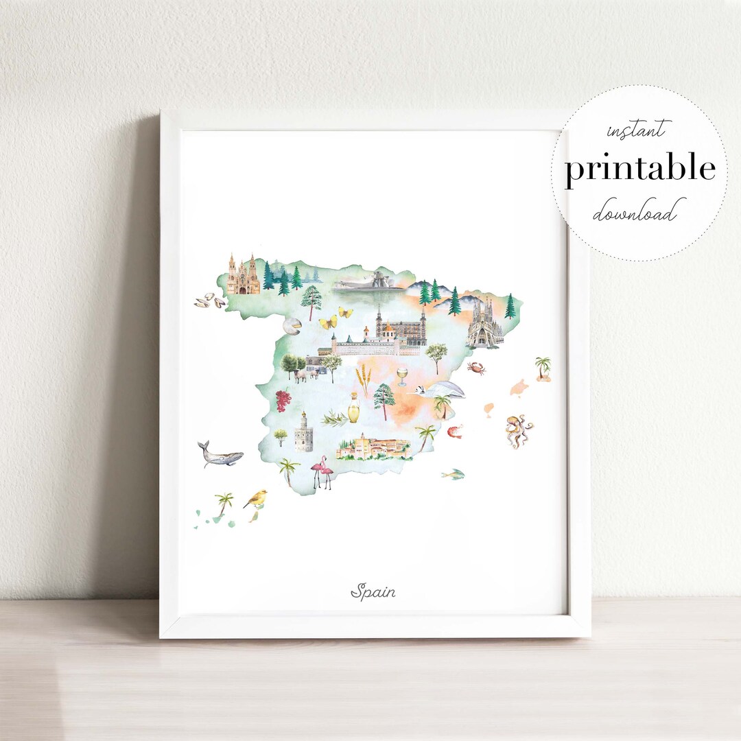 Spain Illustrated Map Printable, Wall Art Print, Nursery Decor ...