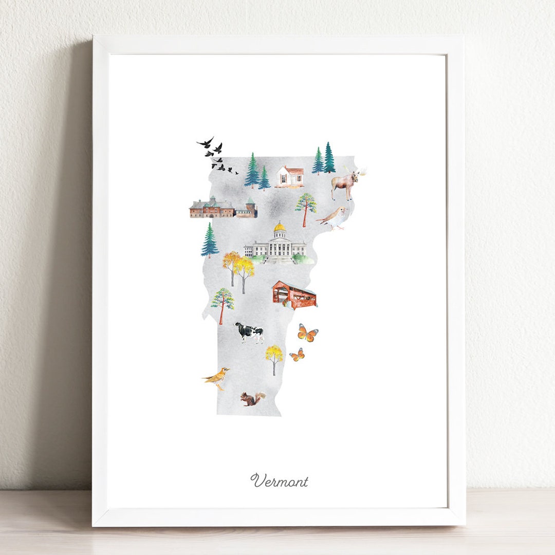 Vermont Illustrated Watercolor State Map Art Print Map Poster, Travel ...