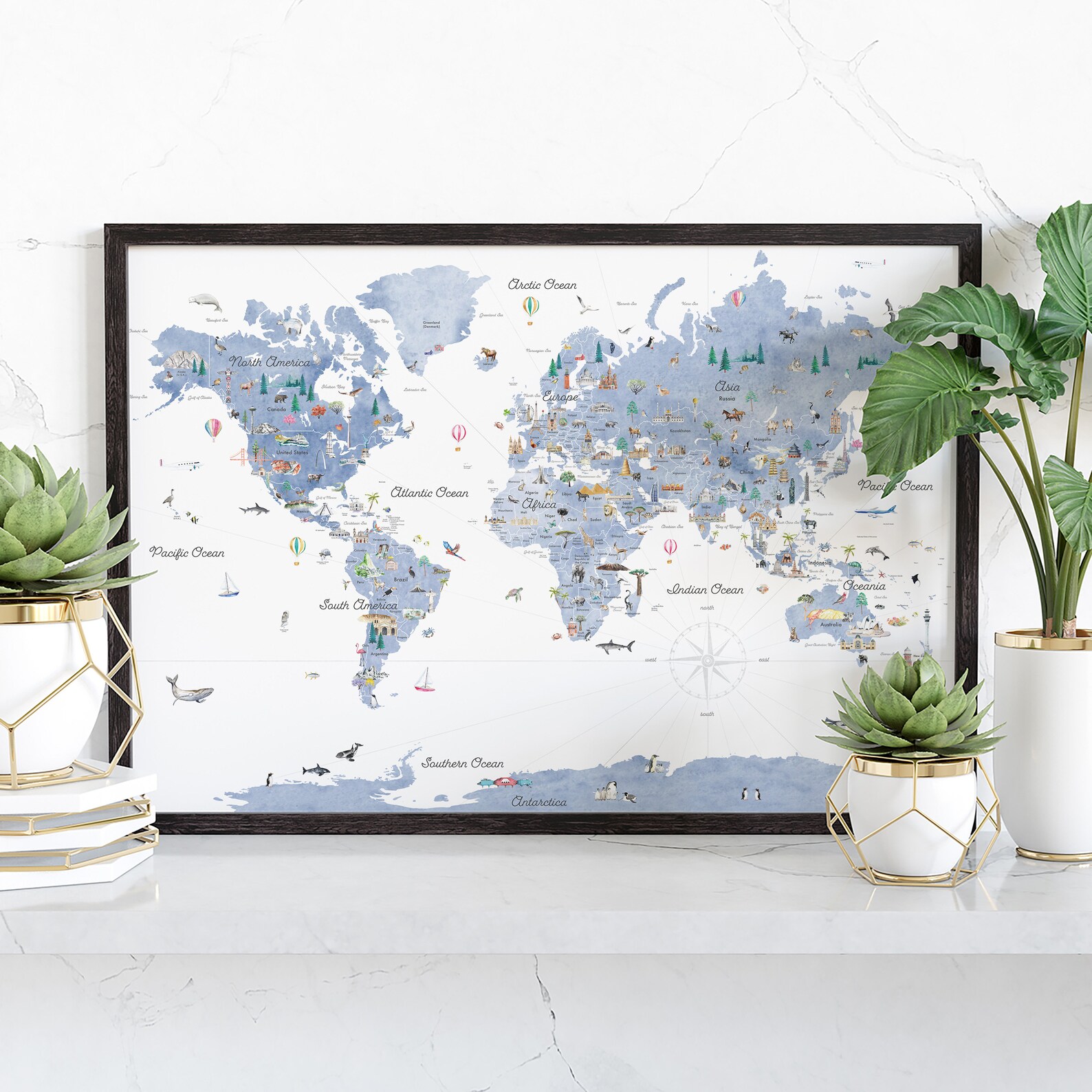 Blue Educational World Map Printable Kids World Map - Etsy