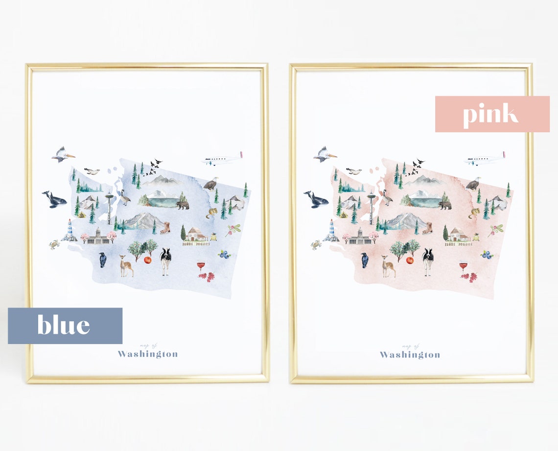 Washington Printable State Map illustrated wall art print | Etsy