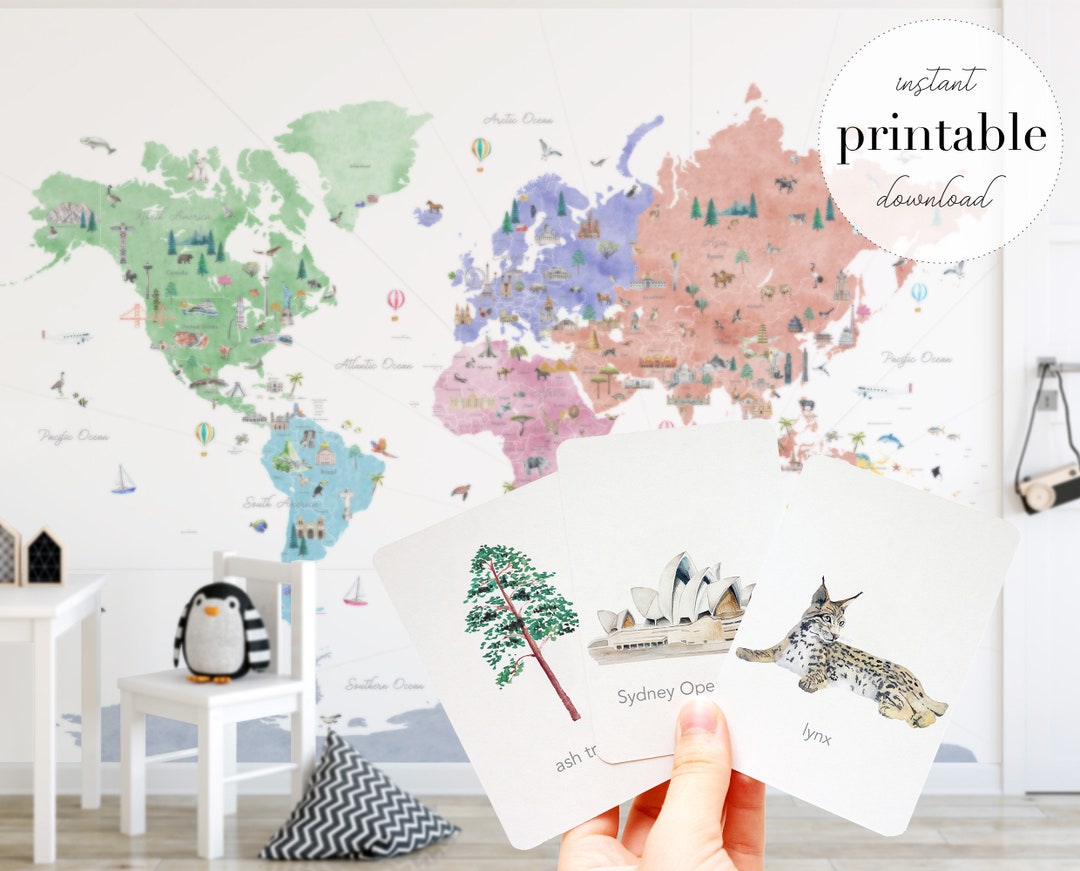 Watercolor World Map Print Set, Geography Flash Cards (digital Download ...