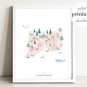 Connecticut Printable State Map Illustrated Wall Art Print - Etsy