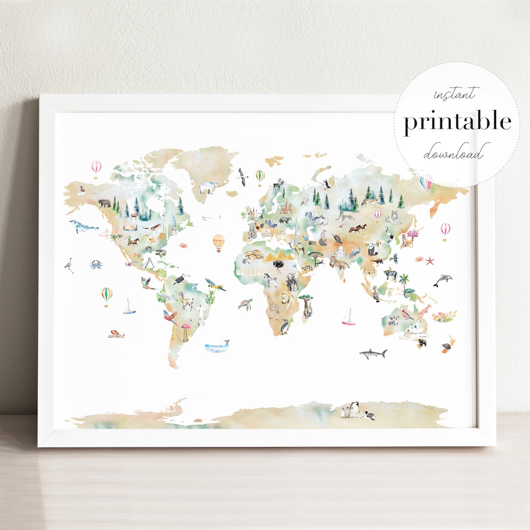 Illustrated World Map Printable, Wall Art Print, Nursery Decor, Kids ...
