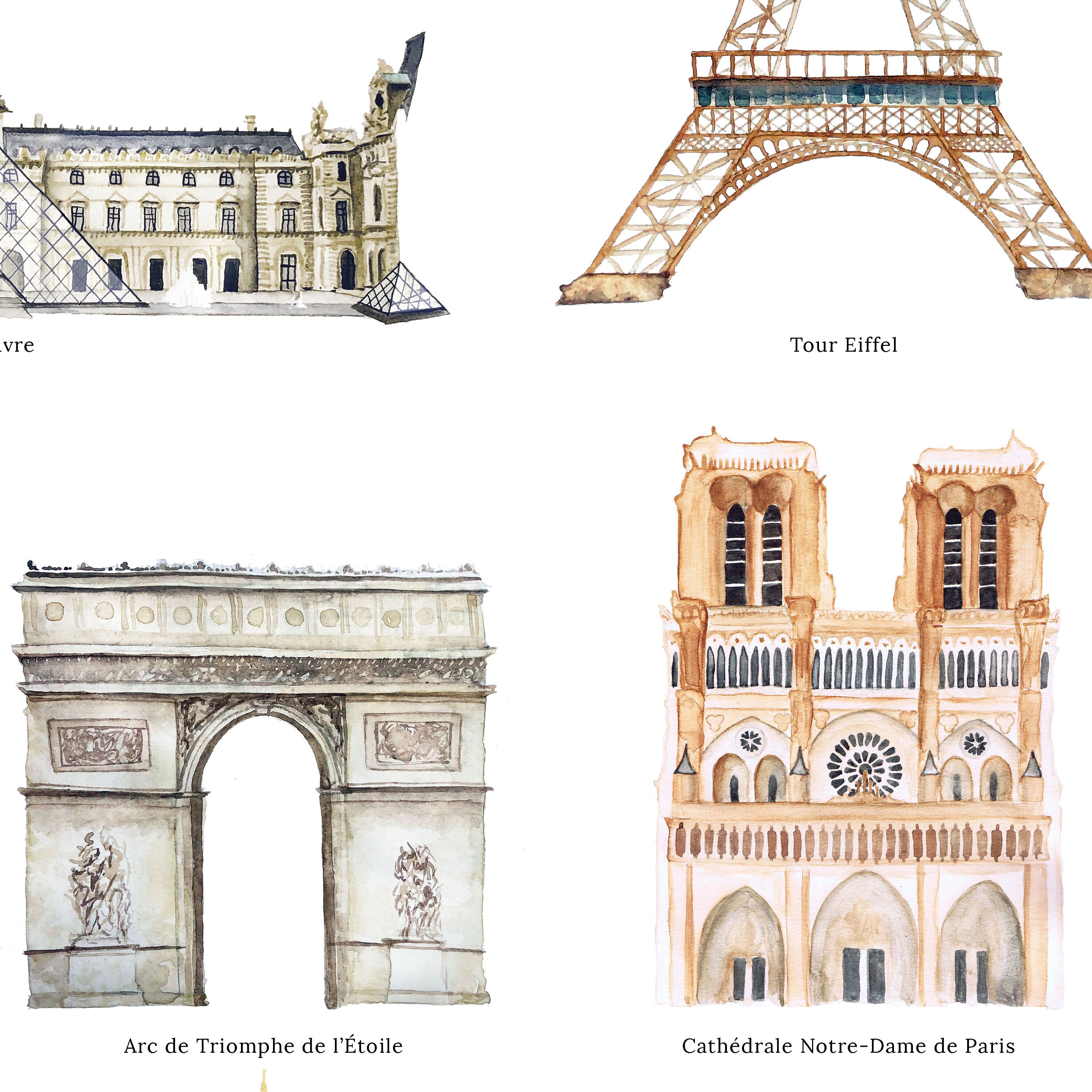 Paris Illustrated Landmarks Art Print Watercolor Paris | Etsy