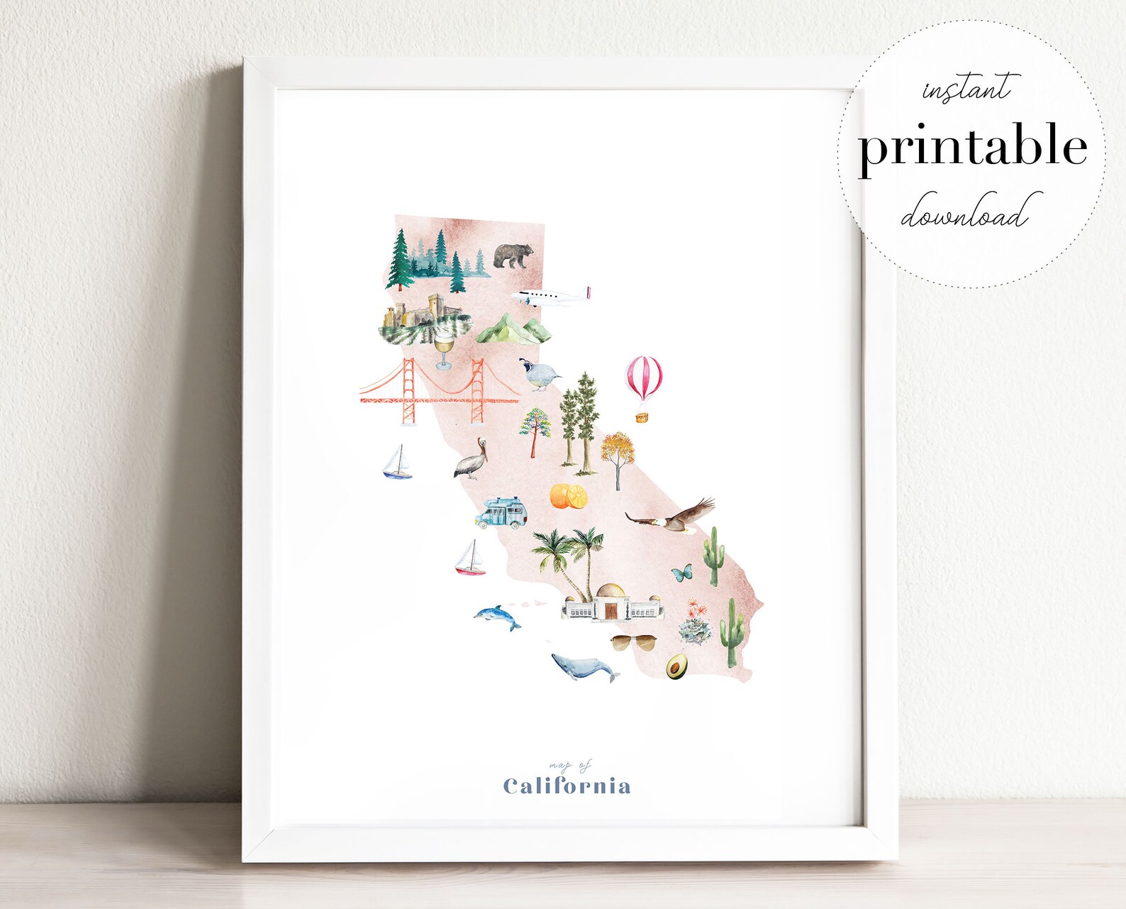 California Printable State Map Illustrated Wall Art Print | Etsy