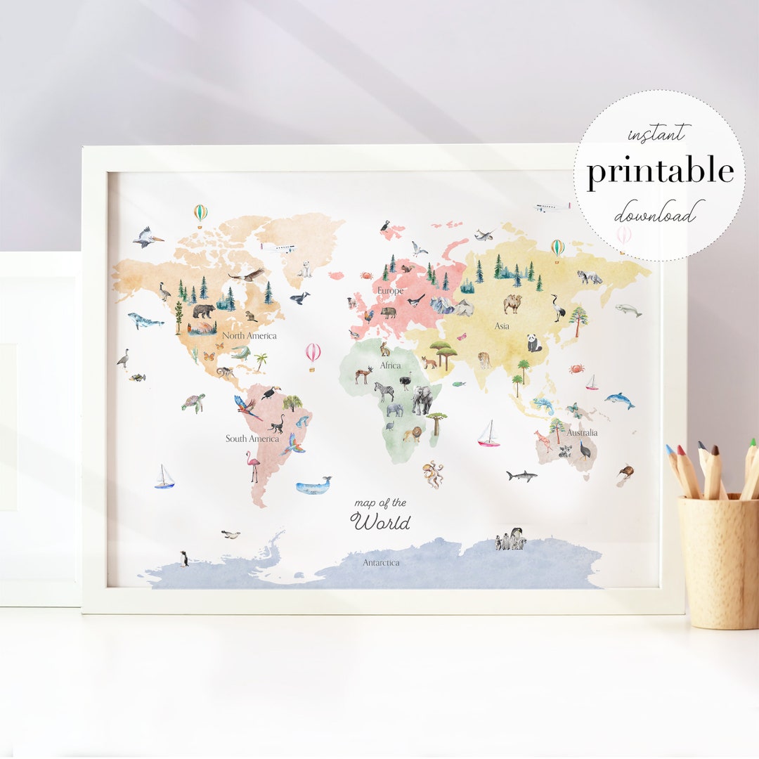 Colorful Animal World Map Printable | Nusery Art Print | Kids Room ...